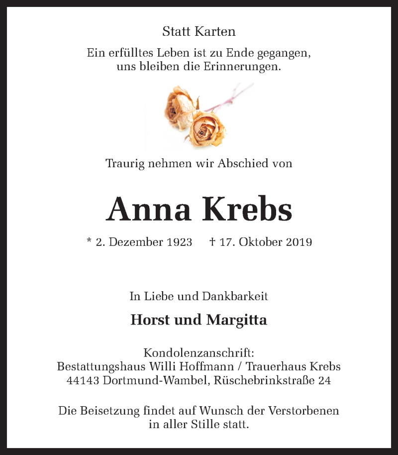 Traueranzeigen von Anna Krebs | sich-erinnern.de