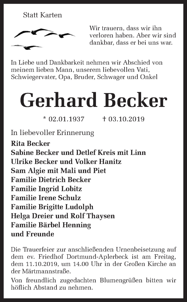 Traueranzeigen von Gerhard Becker | sich-erinnern.de