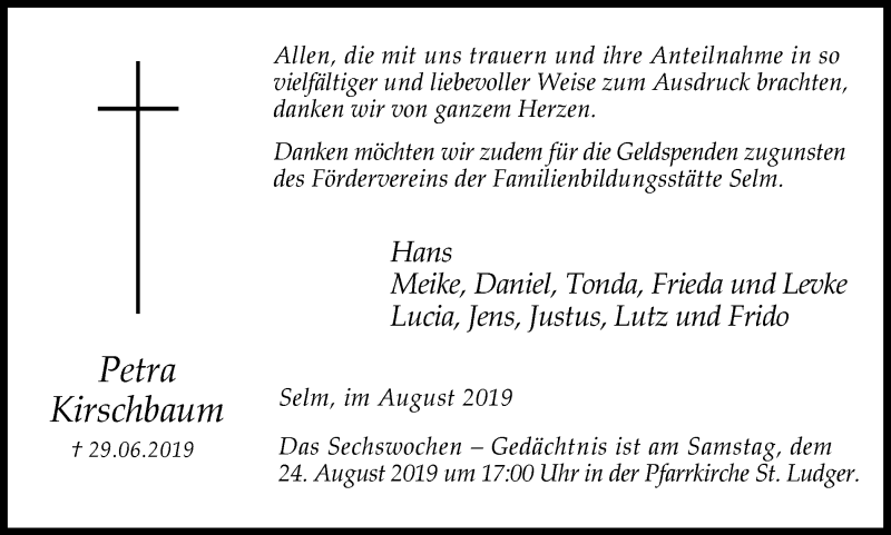 Traueranzeigen von Petra Kirschbaum | sich-erinnern.de