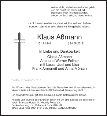Traueranzeigen von Klaus Aßmann | sich-erinnern.de