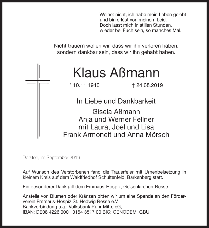 Traueranzeigen von Klaus Aßmann | sich-erinnern.de