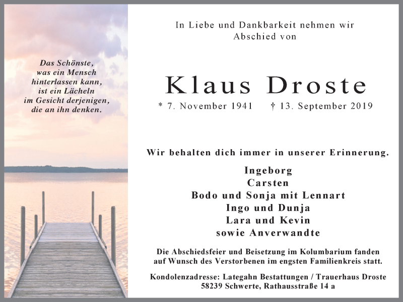 Traueranzeigen von Klaus Droste | sich-erinnern.de