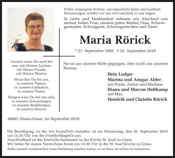 Traueranzeigen von Maria Rörick | sich-erinnern.de