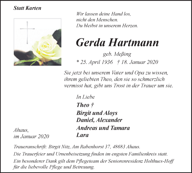 Traueranzeigen von Gerda Hartmann | sich-erinnern.de