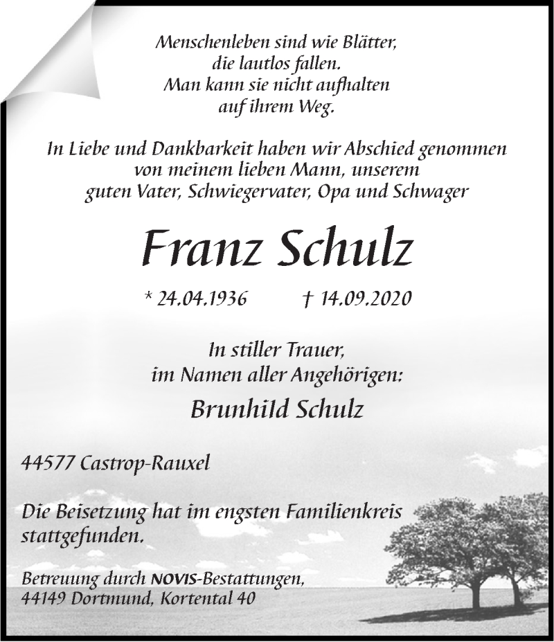 Traueranzeigen von Franz Schulz | sich-erinnern.de