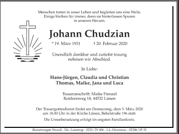 Traueranzeigen von Johann Chudzian | sich-erinnern.de