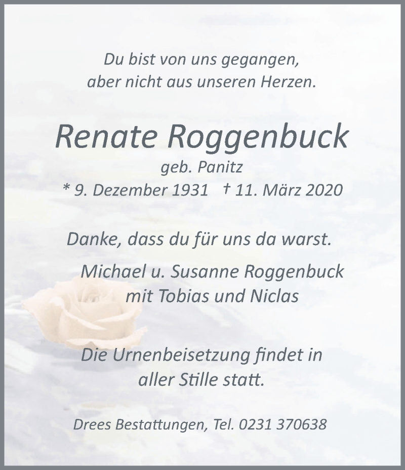 Traueranzeigen von Renate Roggenbuck | sich-erinnern.de