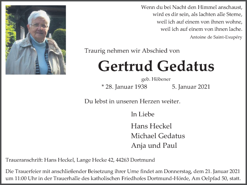 Traueranzeigen von Gertrud Gedatus | sich-erinnern.de