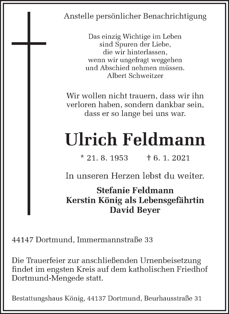 Traueranzeigen von Ulrich Feldmann | sich-erinnern.de