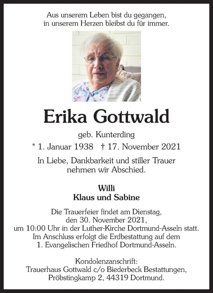 Traueranzeigen von Erika Gottwald | sich-erinnern.de
