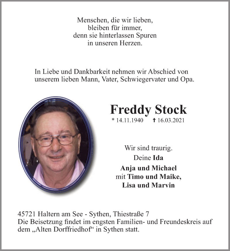 Traueranzeigen von Freddy Stock | sich-erinnern.de