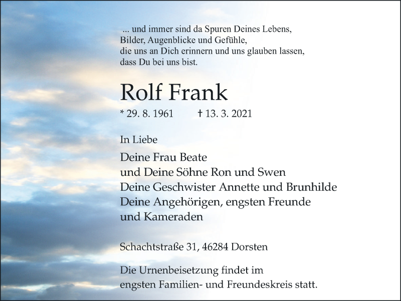 Traueranzeigen von Rolf Frank | sich-erinnern.de