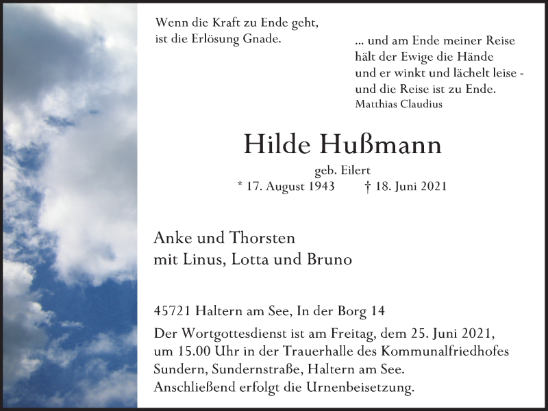 Traueranzeigen von Hilde Hußmann | sich-erinnern.de