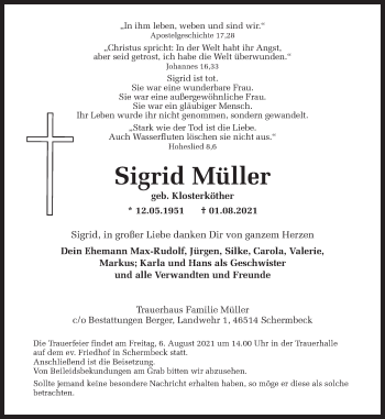 Traueranzeigen von Sigrid Müller | sich-erinnern.de