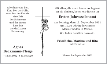 Traueranzeigen von Agnes Beckmann-Fleige | sich-erinnern.de