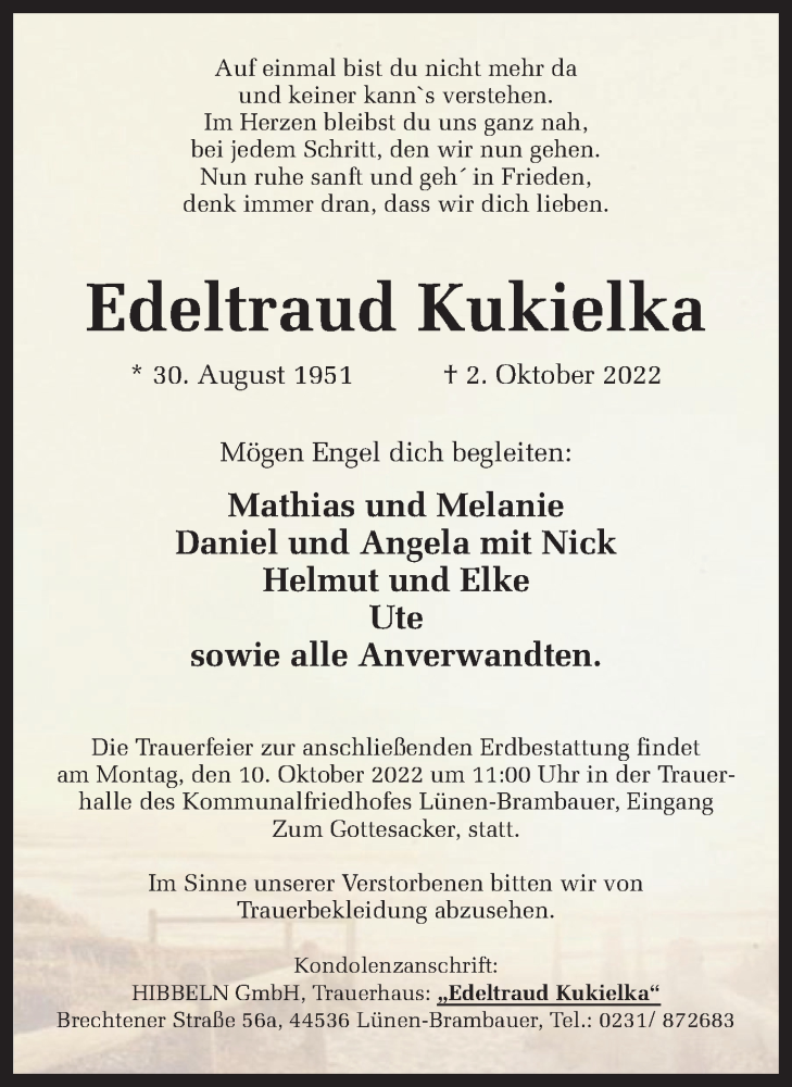 Traueranzeigen von Edeltraud Kukielka | sich-erinnern.de