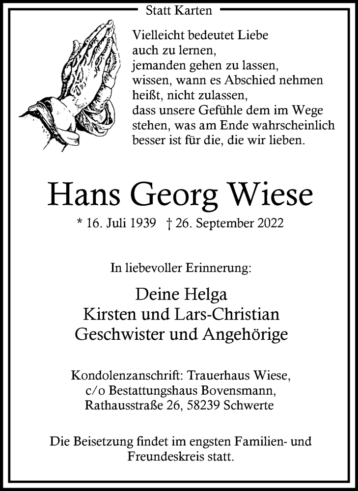 Traueranzeigen von Hans Georg Wiese | sich-erinnern.de