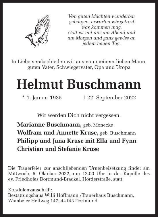 Traueranzeigen von Helmut Buschmann | sich-erinnern.de