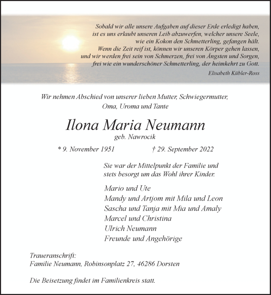Traueranzeigen von Ilona Maria Neumann | sich-erinnern.de