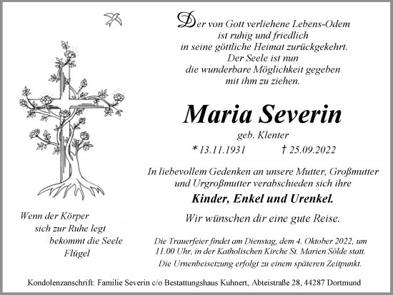 Traueranzeigen von Maria Severin | sich-erinnern.de