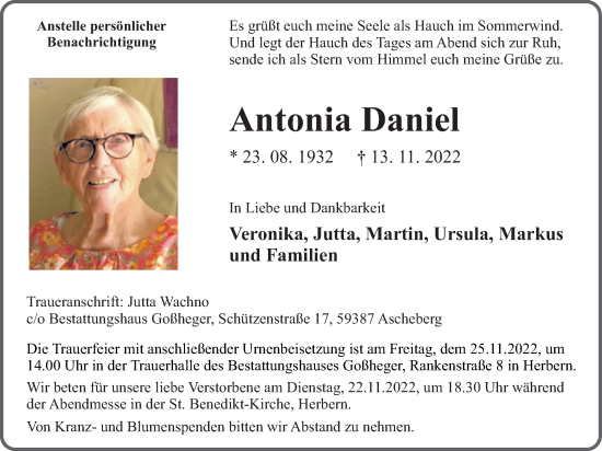 Traueranzeigen von Antonia Daniel | sich-erinnern.de