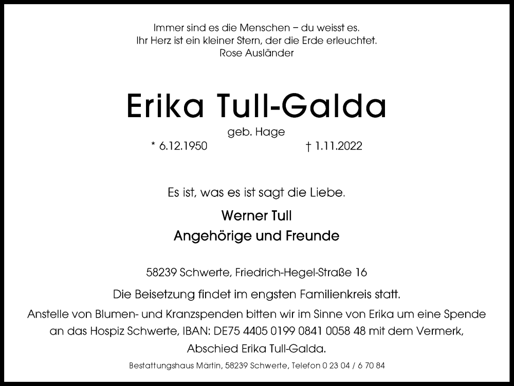 Traueranzeigen von Erika Tull-Galda | sich-erinnern.de