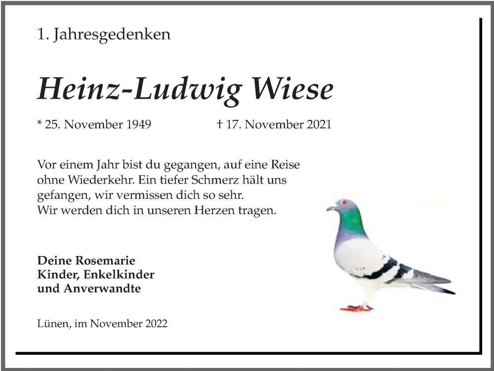 Traueranzeigen von Heinz-Ludwig Wiese | sich-erinnern.de