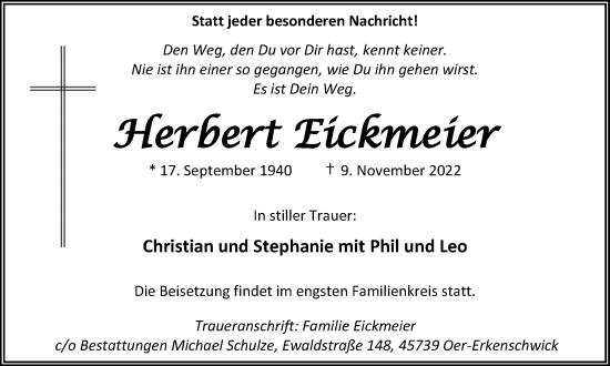 Traueranzeigen von Herbert Eickmeier | sich-erinnern.de