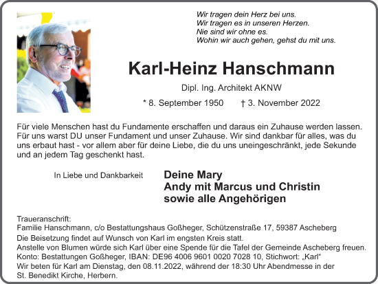 Traueranzeigen von Karl-Heinz Hanschmann | sich-erinnern.de