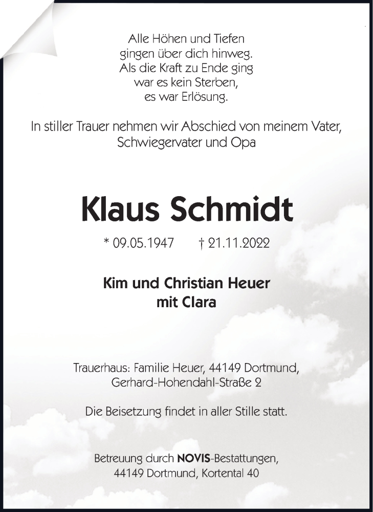 Traueranzeigen von Klaus Schmidt | sich-erinnern.de