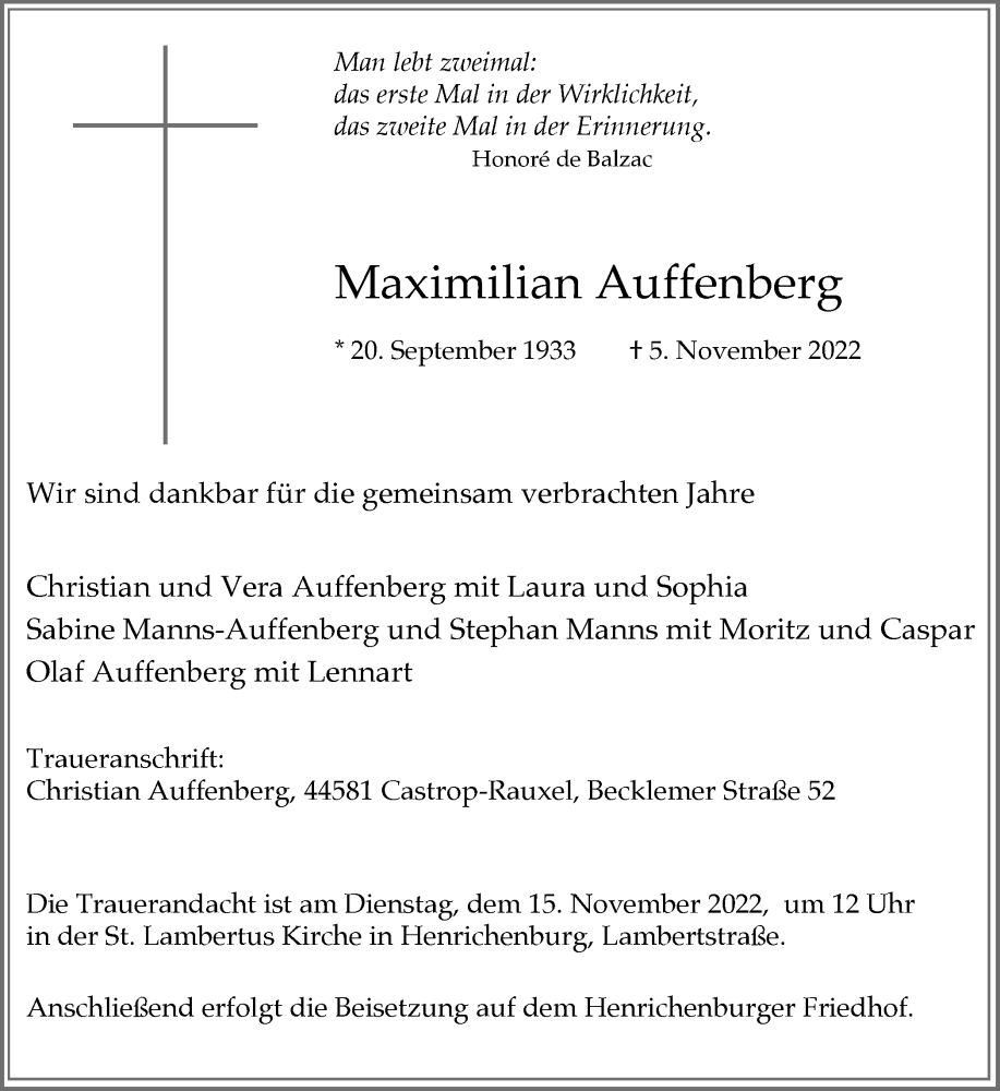 Traueranzeigen von Maximilian Auffenberg | sich-erinnern.de