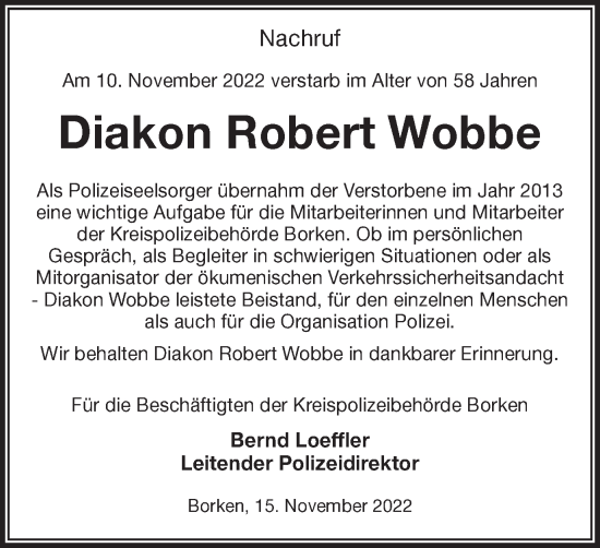 Traueranzeigen von Robert Wobbe | sich-erinnern.de