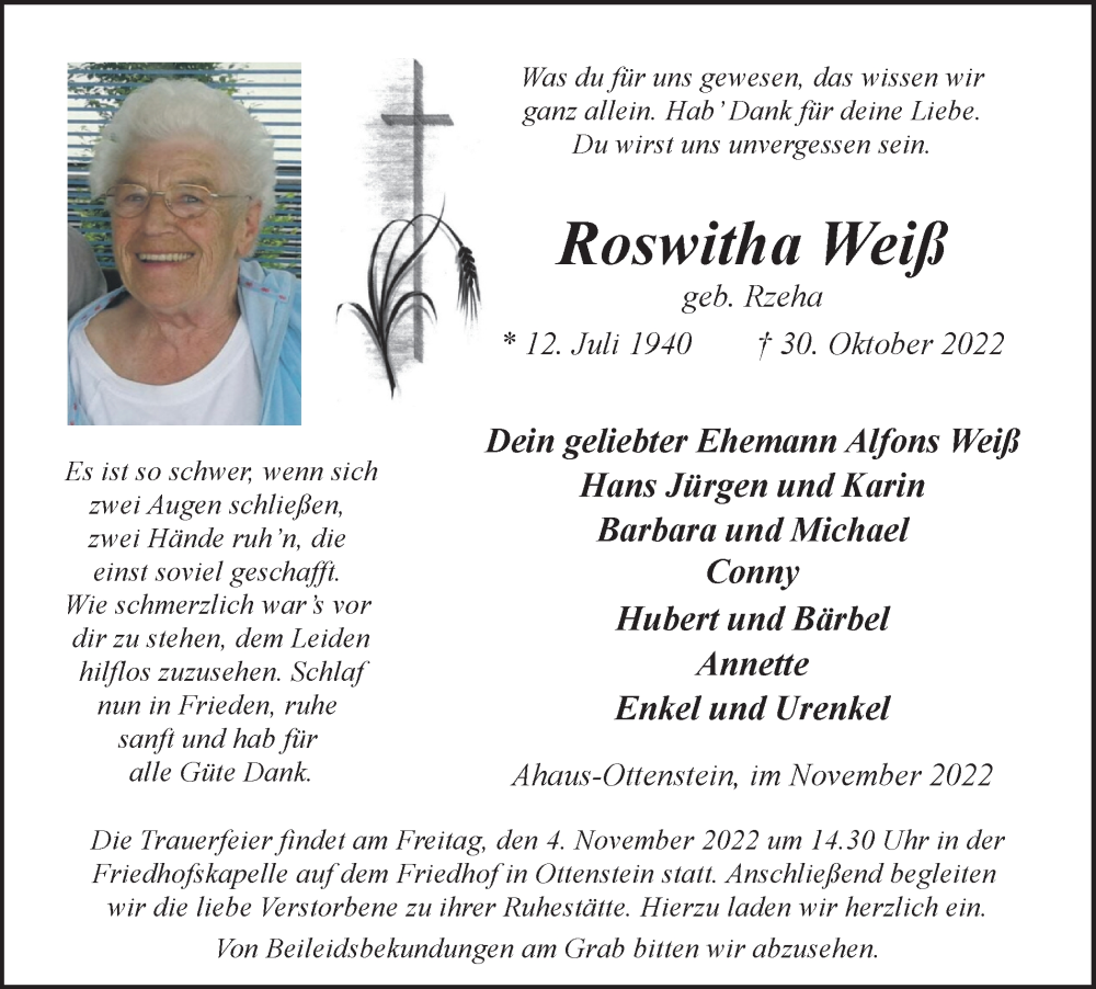 Traueranzeigen von Roswitha Weiß | sich-erinnern.de
