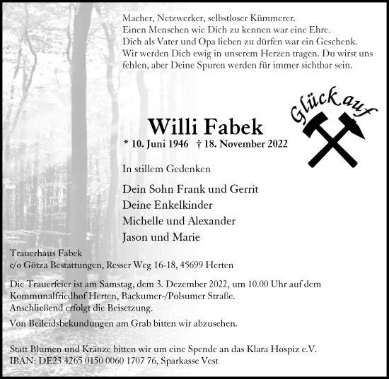 Traueranzeigen von Willi Fabek | sich-erinnern.de