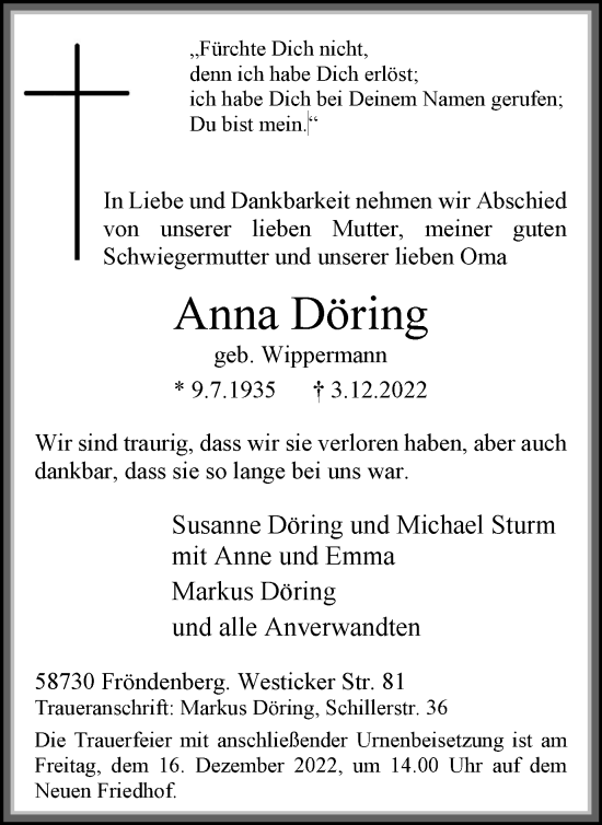 Traueranzeigen von Anna Döring | sich-erinnern.de