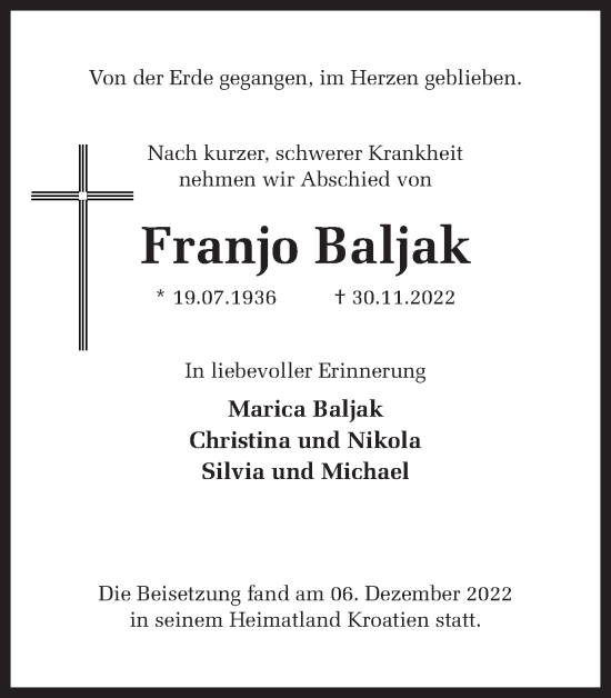 Traueranzeigen von Franjo Baljak | sich-erinnern.de