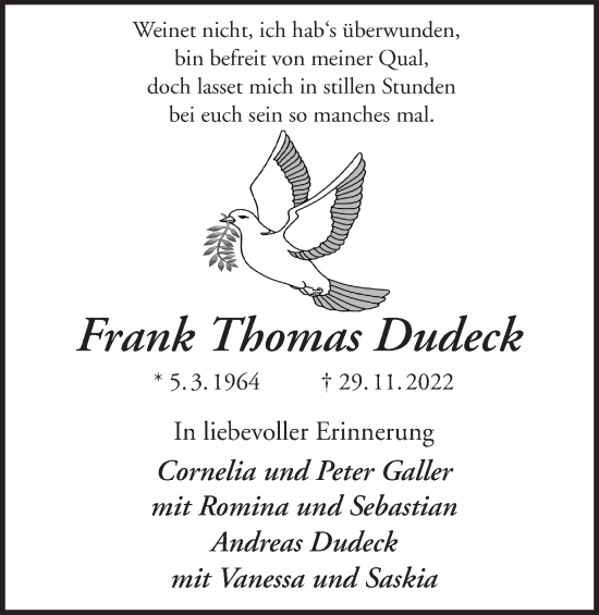 Traueranzeigen von Frank Thomas Dudeck | sich-erinnern.de