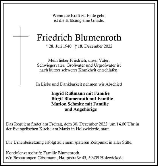 Traueranzeigen von Friedrich Blumenroth | sich-erinnern.de