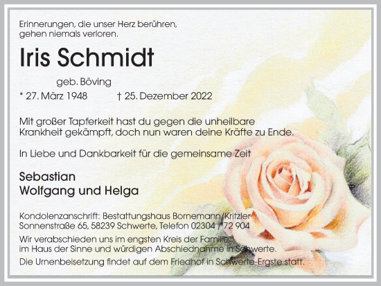 Traueranzeigen von Iris Schmidt | sich-erinnern.de