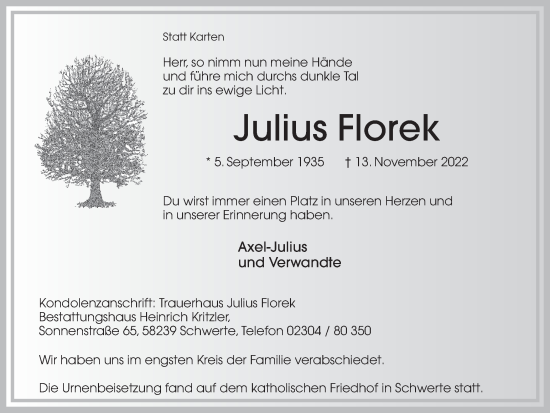 Traueranzeigen von Julius Florek | sich-erinnern.de