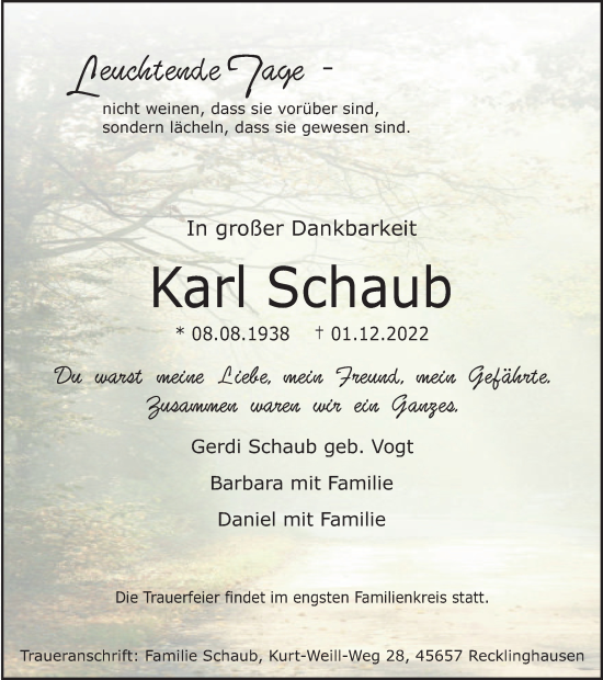 Traueranzeigen von Karl Schaub | sich-erinnern.de