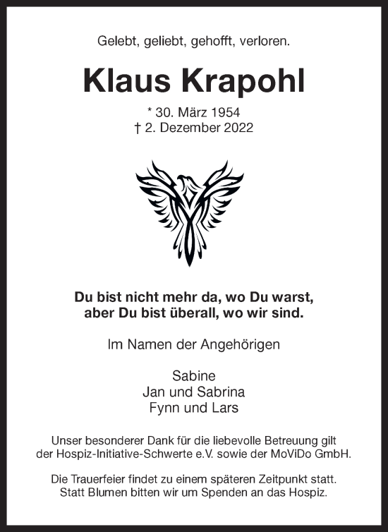 Traueranzeigen von Klaus Krapohl | sich-erinnern.de