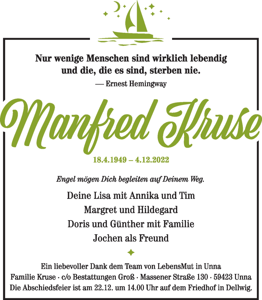 Traueranzeigen von Manfred Kruse | sich-erinnern.de