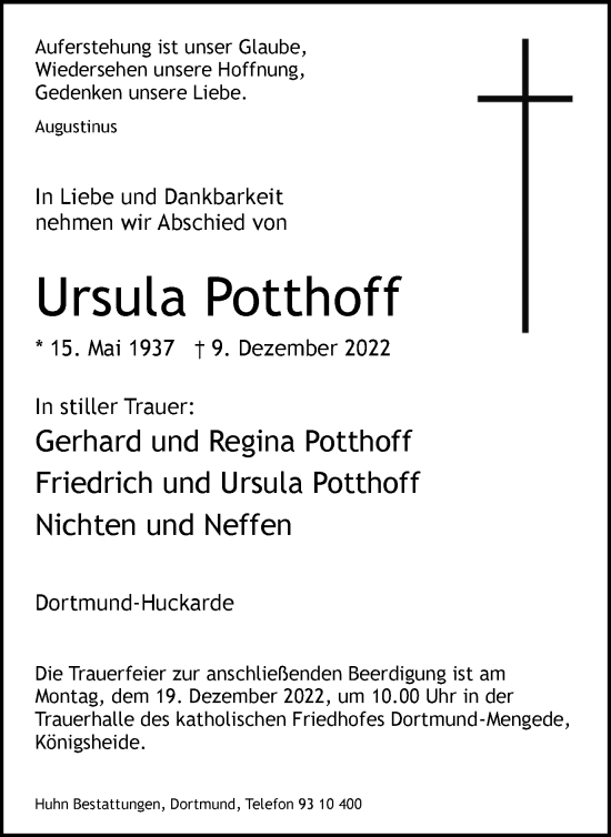 Traueranzeigen von Ursula Potthoff | sich-erinnern.de