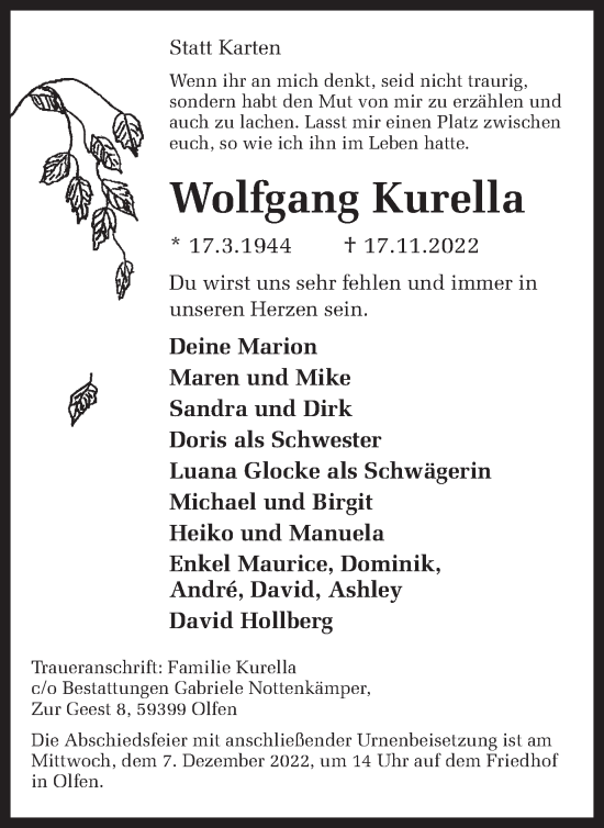 Traueranzeigen von Wolfgang Kurella | sich-erinnern.de