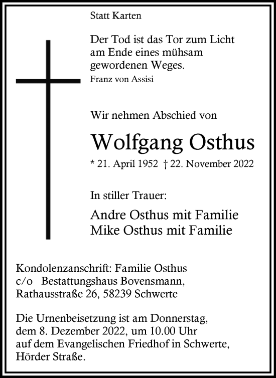 Traueranzeigen von Wolfgang Osthus | sich-erinnern.de