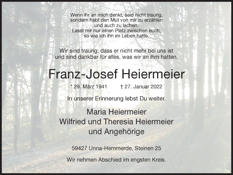 Traueranzeigen von Franz-Josef Heiermeier | sich-erinnern.de