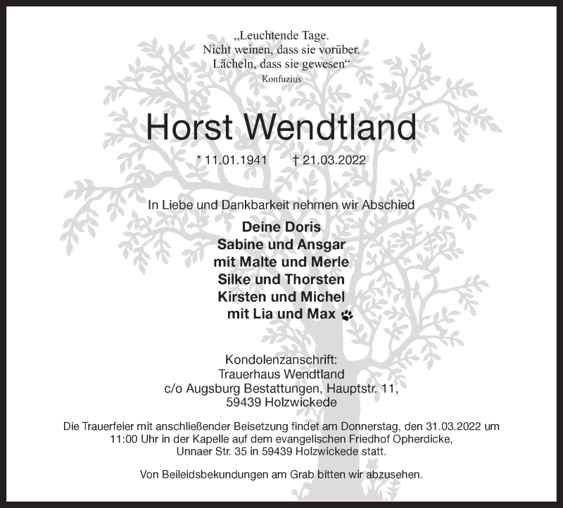 Traueranzeigen von Horst Wendtland | sich-erinnern.de