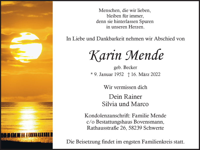 Traueranzeigen von Karin Mende | sich-erinnern.de