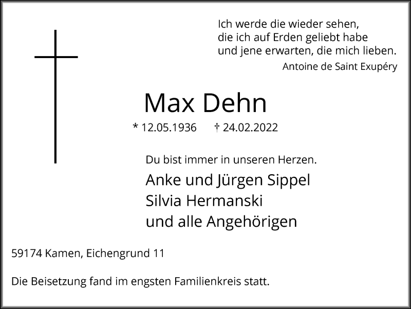Traueranzeigen von Max Dehn | sich-erinnern.de